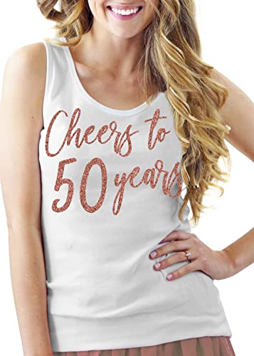 50th Birthday Shirt - Rose Gold Sparkle Cheers to 50 Years Relaxed Tank Top - 50th Birthday Party Supplies - White - Medium
