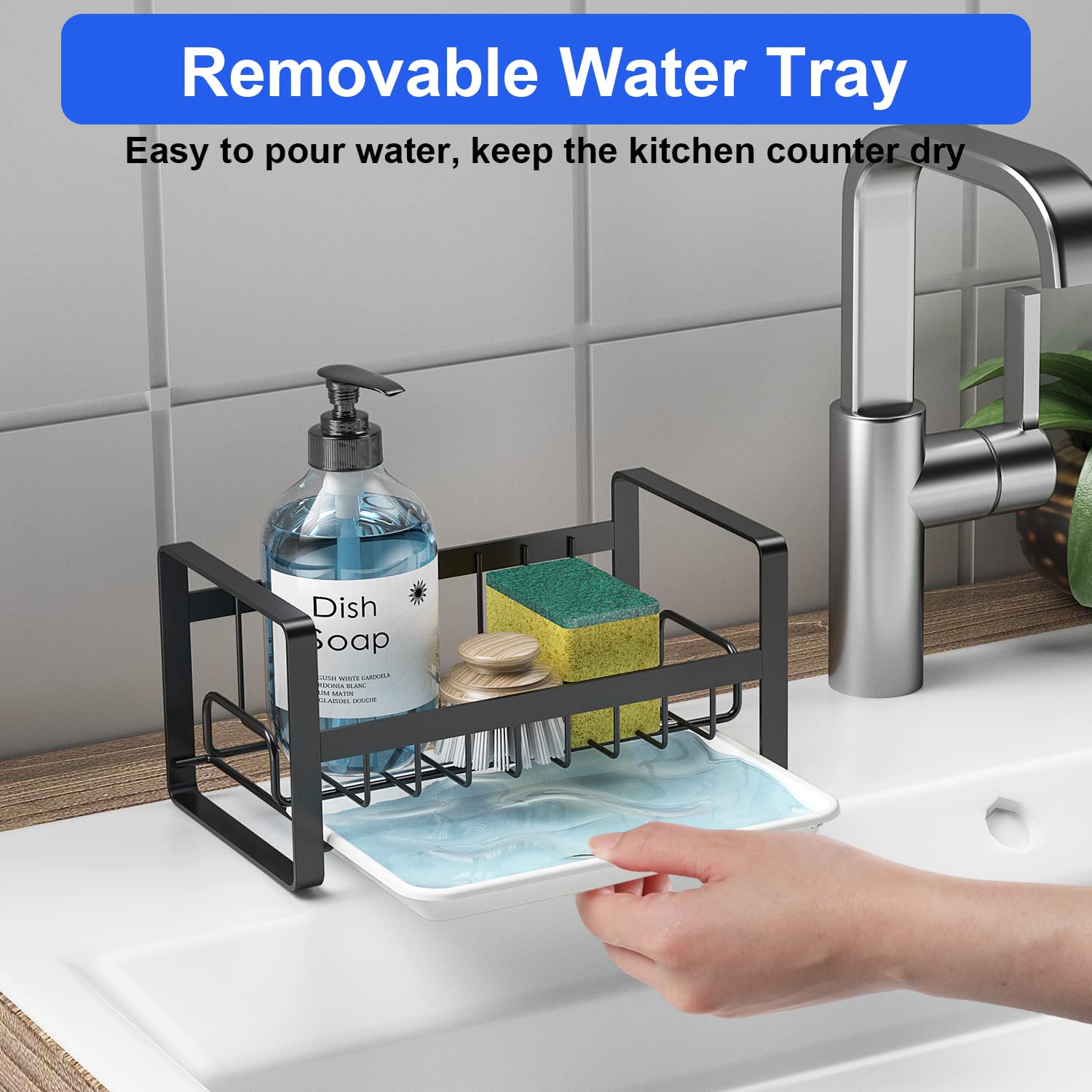 MFTEK Sink Caddy Kitchen Sponge Holder, Soap Holder Tray for Kitchen Sink Countertop, 304 Stainless Steel Soap Dispenser Brush Drainer Rack Organizers with Removable Drain Tray