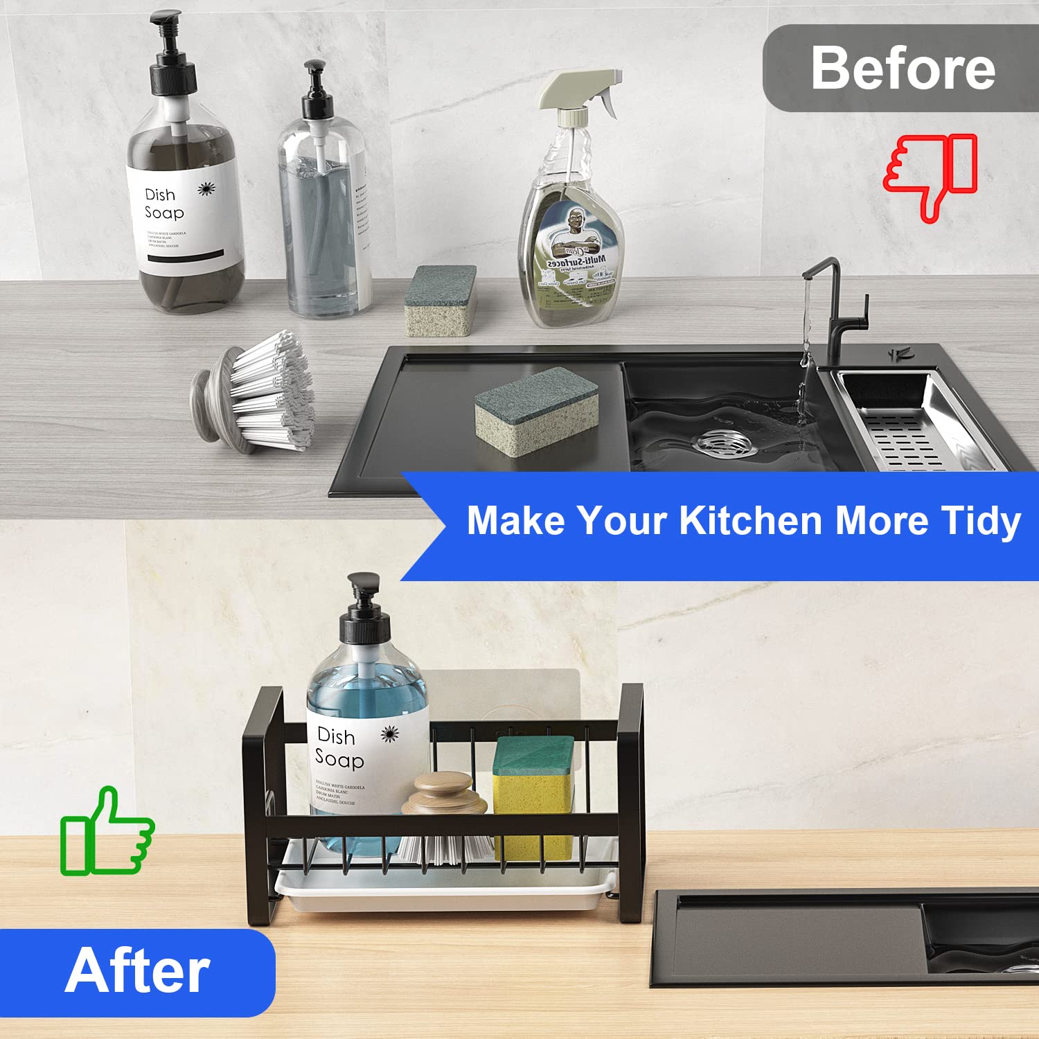 MFTEK Sink Caddy Kitchen Sponge Holder, Soap Holder Tray for Kitchen Sink Countertop, 304 Stainless Steel Soap Dispenser Brush Drainer Rack Organizers with Removable Drain Tray