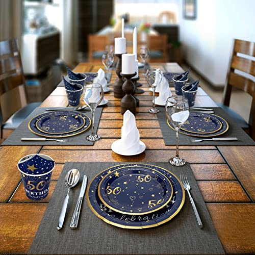 algpty 50th Birthday Decorations Plates and Napkins Blue and Gold, Service for 30, Birthday Party Bundle Includes Navy Blue Plates, Napkins, Cups 50th Birthday Supplies for Men Women