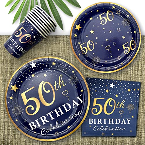 algpty 50th Birthday Decorations Plates and Napkins Blue and Gold, Service for 30, Birthday Party Bundle Includes Navy Blue Plates, Napkins, Cups 50th Birthday Supplies for Men Women