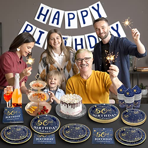 algpty 50th Birthday Decorations Plates and Napkins Blue and Gold, Service for 30, Birthday Party Bundle Includes Navy Blue Plates, Napkins, Cups 50th Birthday Supplies for Men Women