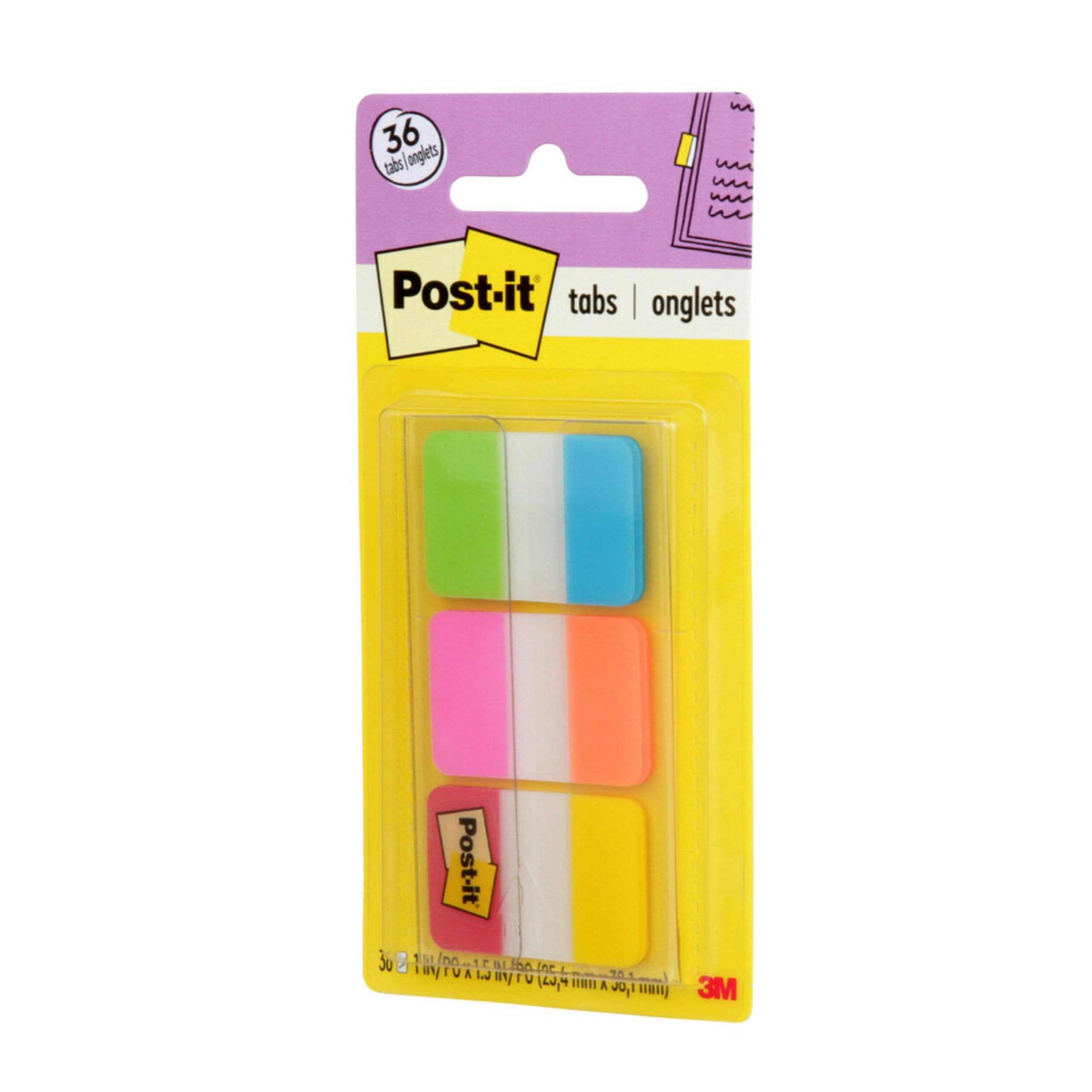 Post-it Tabs, 1 in Solid, Aqua, Yellow, Pink, Red, Green, Orange, 6/Color, 36/Dispenser (686-ALOPRYT)