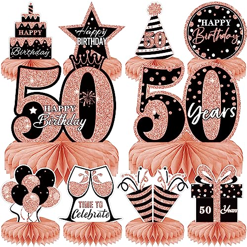 10Pcs Rose Gold 50th birthday decorations Honeycomb Centerpieces for women ,Happy 50th Birthday Centerpieces Tables Toppers Party Supplies,50th Birthday Table Sign Decor
