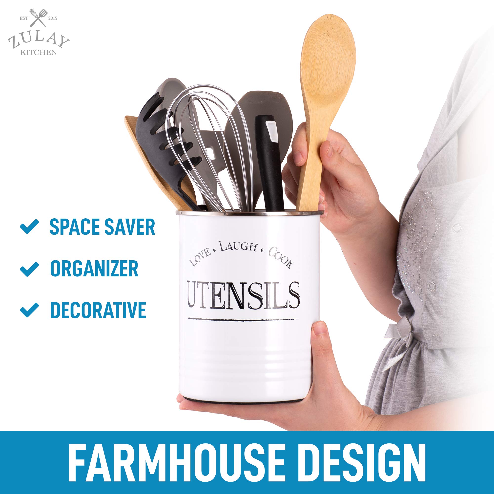 Zulay Large Utensil Crock Storage Organizer - Kitchen Utensil Holder For Countertop With Padded Base - Large Utensil Holder With Rustic Farmhouse Design For Home & Kitchen Decor (White)