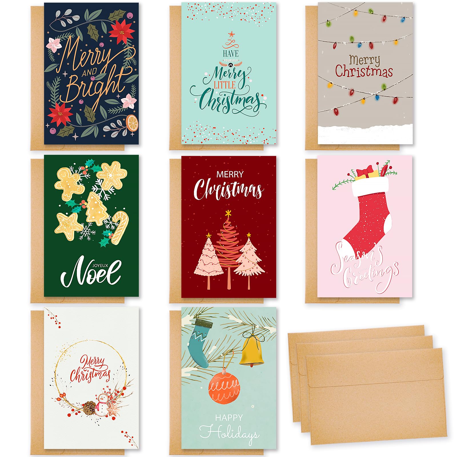 Nihuecne 40 Christmas Cards with Self Adhesive Envelopes, 4" x 6" Christmas and Holiday Xmas Greeting Note Cards Bulk for Friends, Family, Coworkers, Colleagues in 8 Assorted Design
