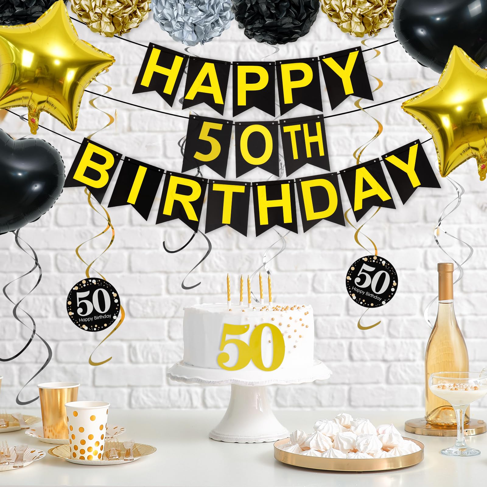RUBFAC 50th Birthday Decorations for Men, Black Gold Happy Birthday Party Decorations Set for Men Women, 50th Birthday Party Supplies