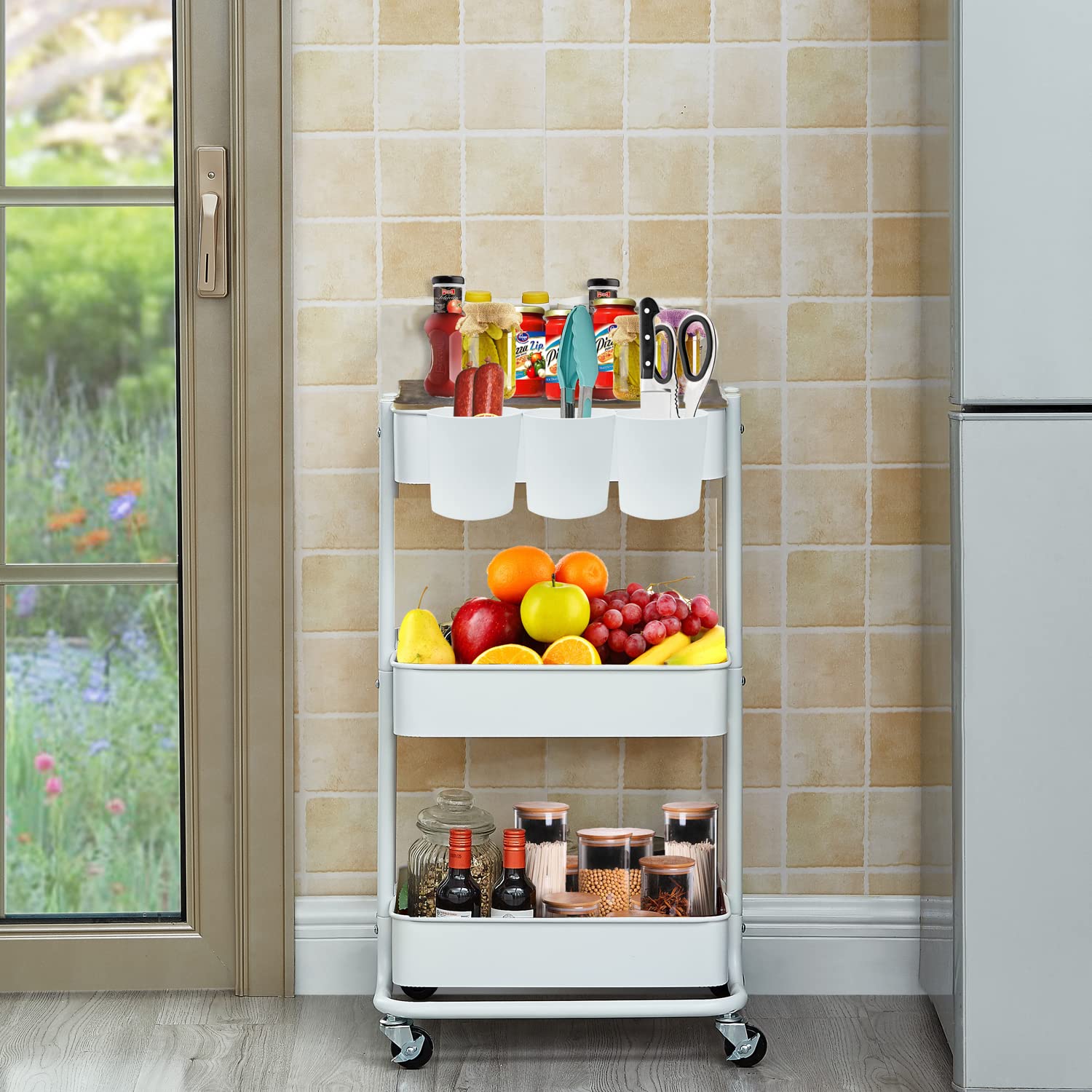 3-Tier Metal Utility Rolling Cart Storage Side End Table with Cover Board for Office Home Kitchen Organization, Cream White