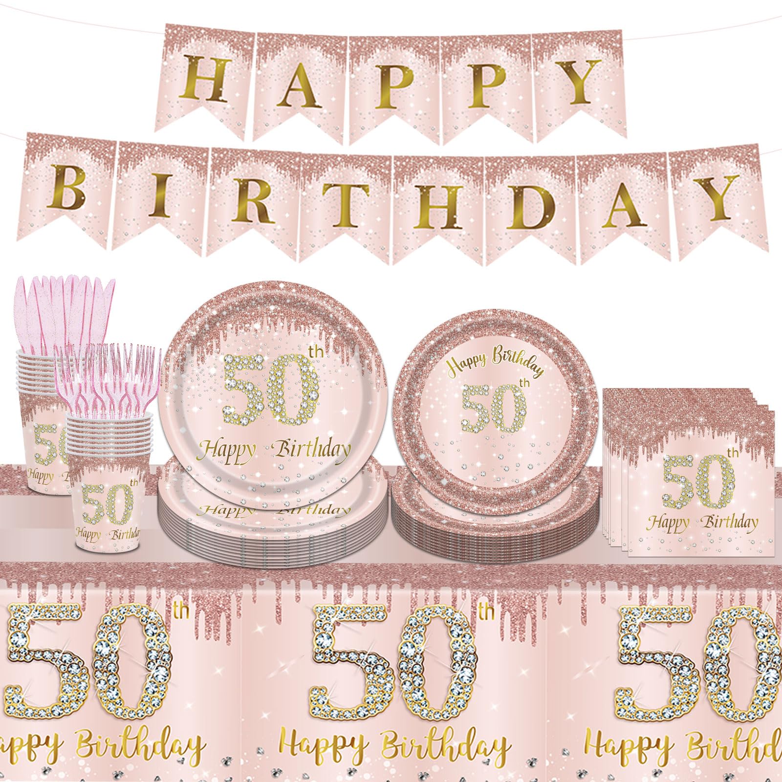 98PCS 50th Birthday Party Plates 50th Birthday Party Supplies Pink Rose Gold Party Decorations 50th Birthday Decorations for Women Paper Plates Napkins Cups Forks Knives Tablecloth Banner Serve 16