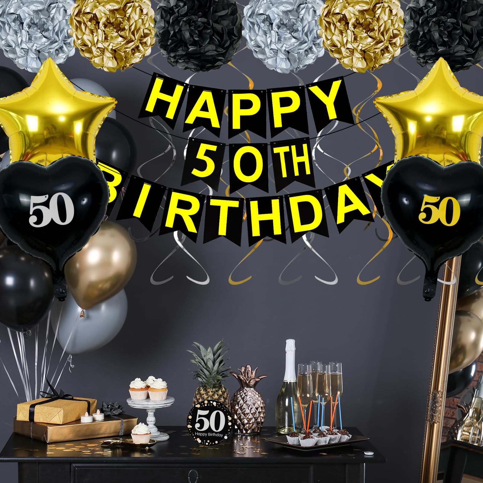 RUBFAC 50th Birthday Decorations for Men, Black Gold Happy Birthday Party Decorations Set for Men Women, 50th Birthday Party Supplies