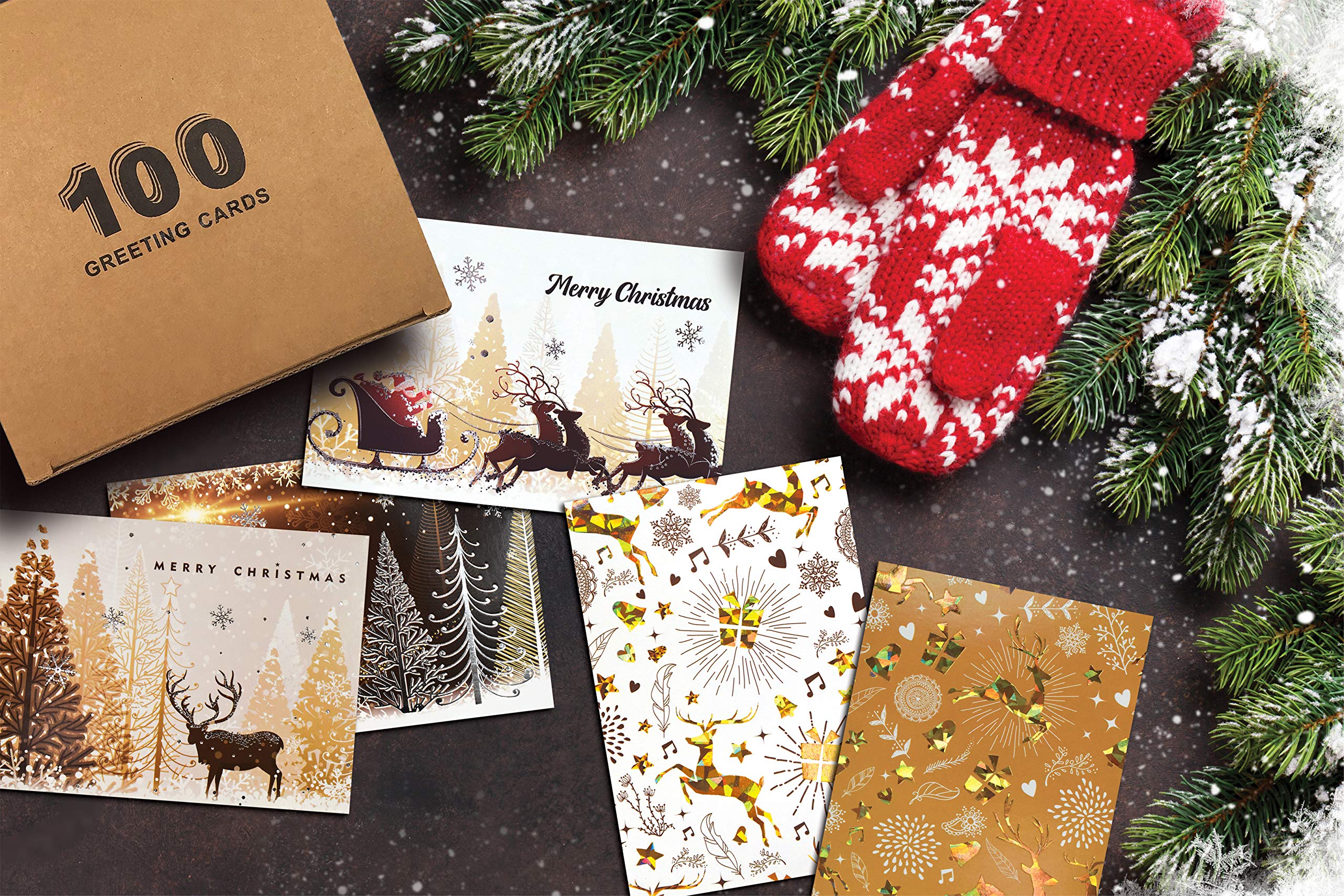 Christmas Holiday Greeting Cards with Gold and Metallic Foil, 100 Pack, 4 x 6 inch, 11 Assorted Designs with 3-D Prism Effect, Blank Inside,by Better Office Products,with Envelopes,100 Christmas Cards