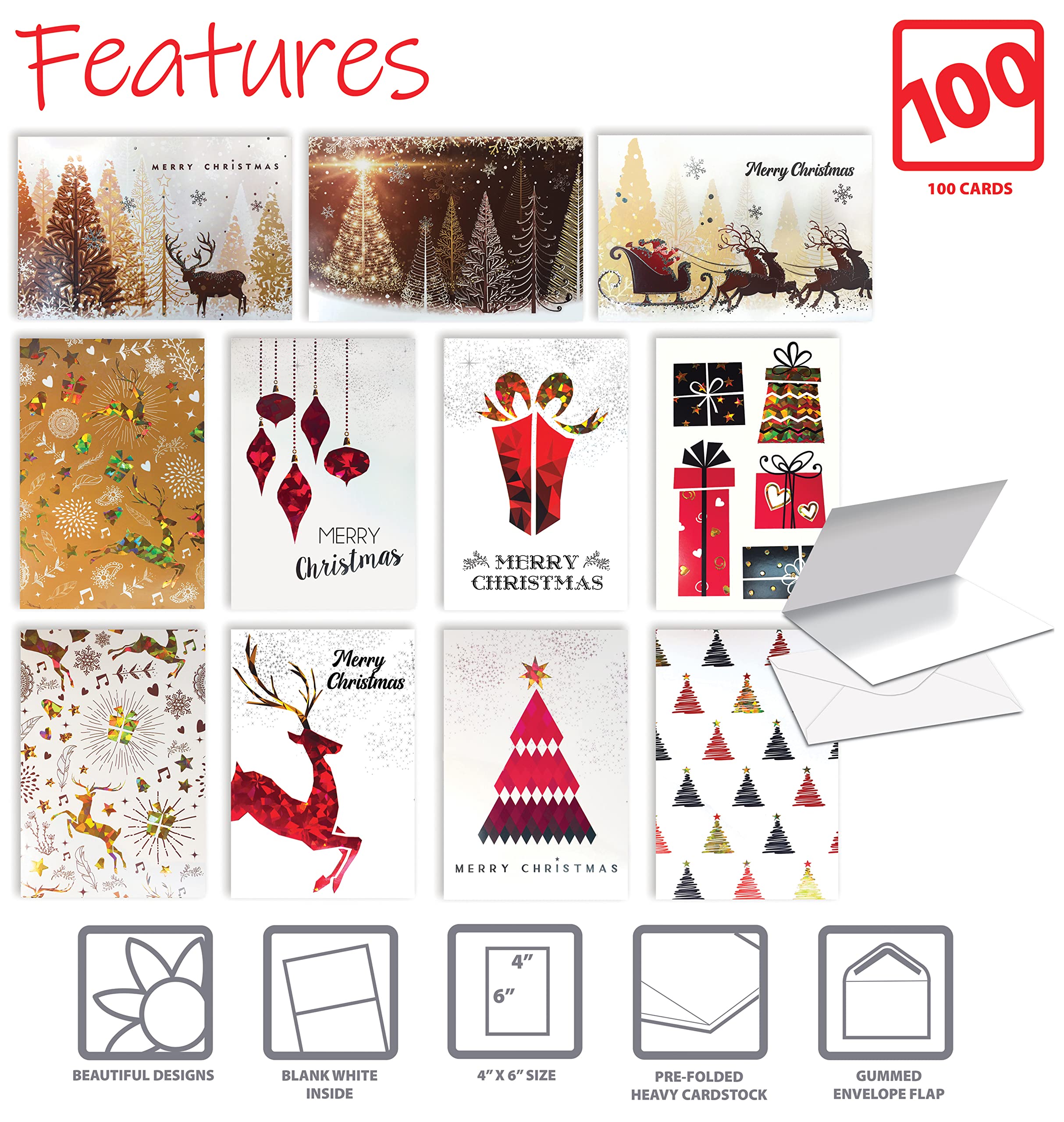 Christmas Holiday Greeting Cards with Gold and Metallic Foil, 100 Pack, 4 x 6 inch, 11 Assorted Designs with 3-D Prism Effect, Blank Inside,by Better Office Products,with Envelopes,100 Christmas Cards
