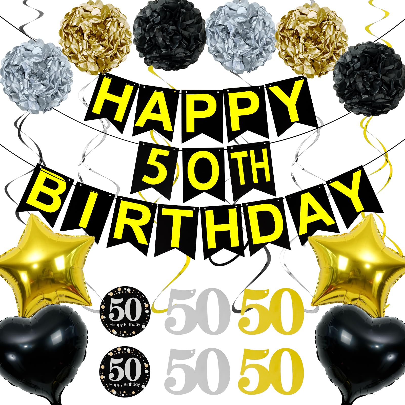 RUBFAC 50th Birthday Decorations for Men, Black Gold Happy Birthday Party Decorations Set for Men Women, 50th Birthday Party Supplies