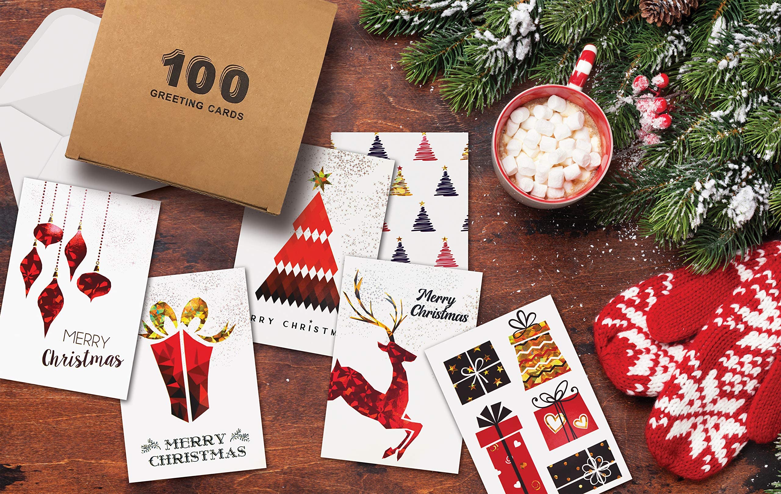 Christmas Holiday Greeting Cards with Gold and Metallic Foil, 100 Pack, 4 x 6 inch, 11 Assorted Designs with 3-D Prism Effect, Blank Inside,by Better Office Products,with Envelopes,100 Christmas Cards