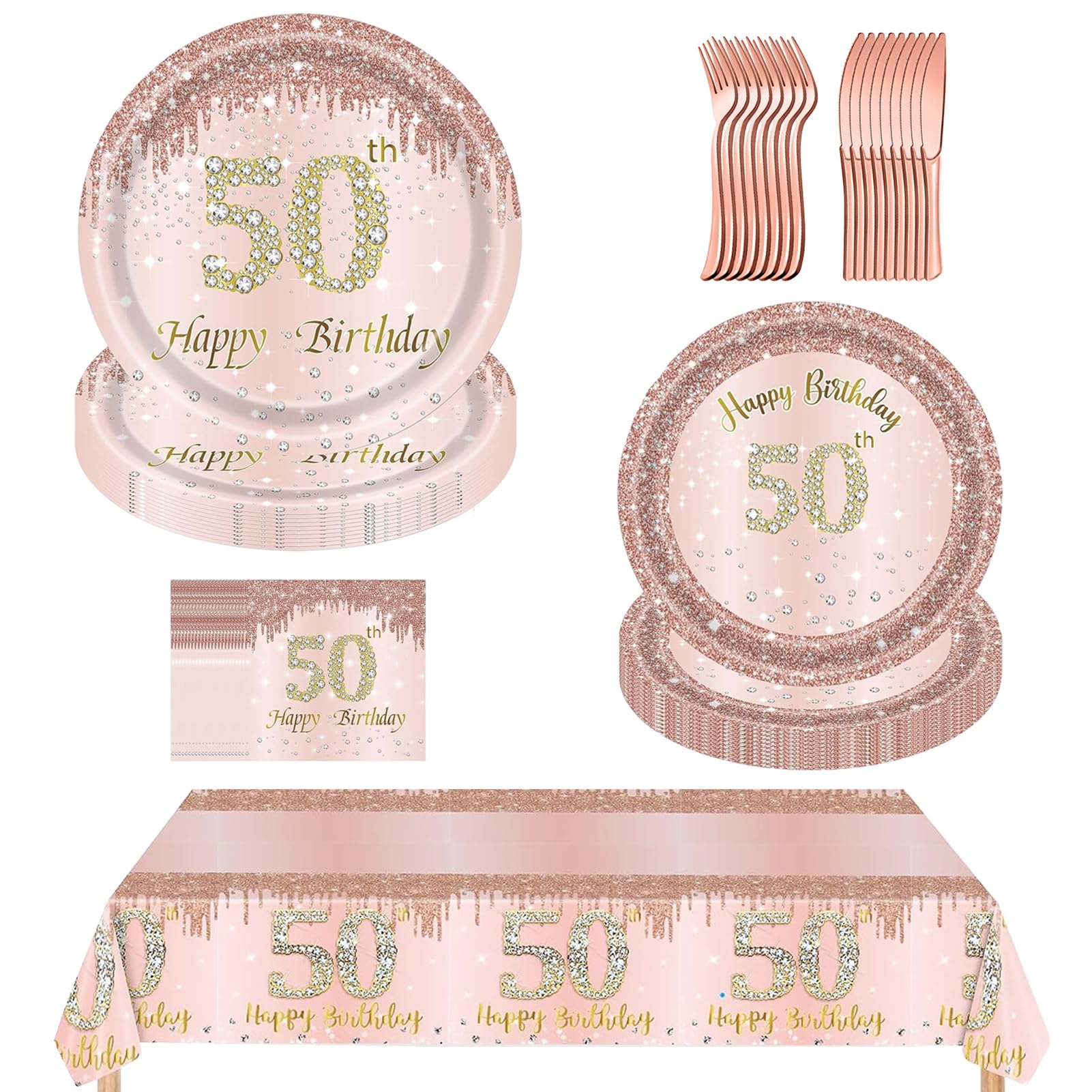 Rose Gold Birthday Party Supplies,Disposable Party Tableware Sets - 50 Years Paper Plates,Napkins,Forks ,Knives,Tablecloths,50th Birthday Decorations for Women,Service 24 Guests