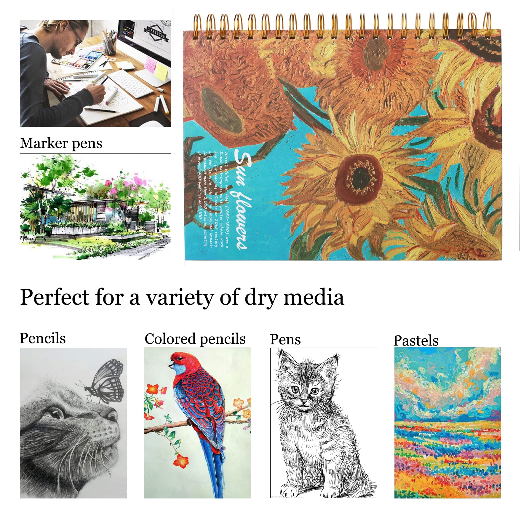 Van Gogh Aesthetic Art Large A4 Sketchbook Hard Cover Spiral Bound Mixed Media Thick Paper, Artist Sketch Book for Drawing Notebook for Kids Adults