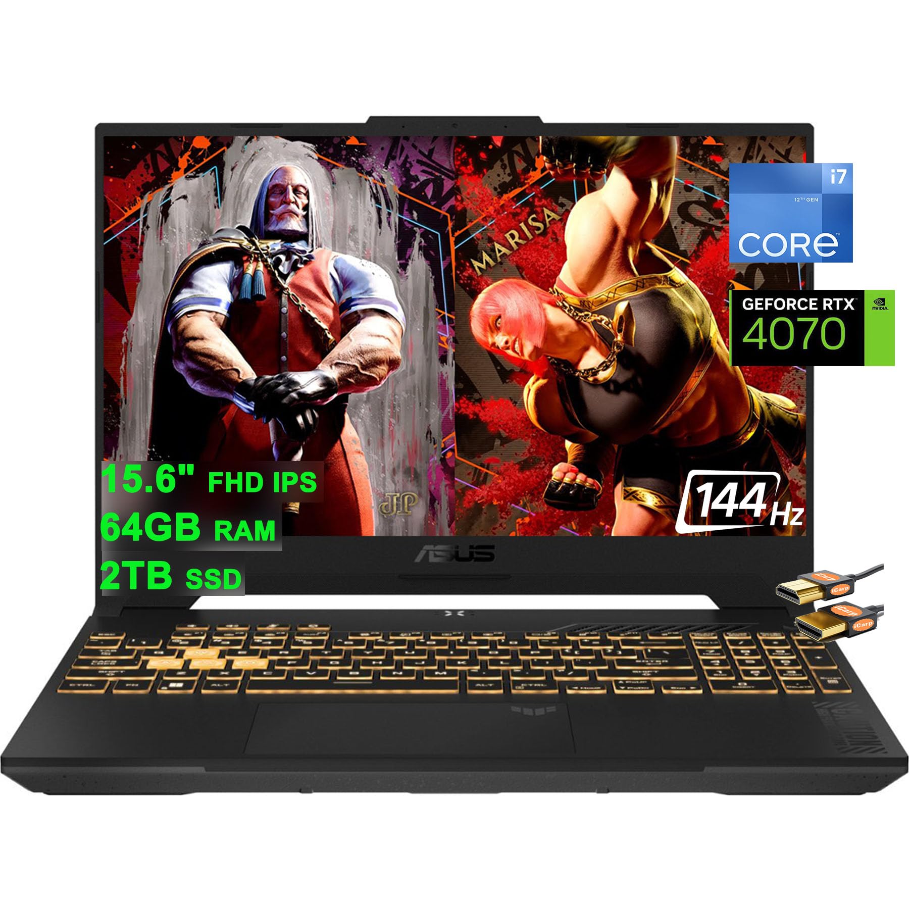 ASUS TUF F15 Gaming Laptop 15.6" FHD 144Hz Intel 14-Core i7-12700H (Beat i9-11950H) 64GB RAM 2TB SSD GeForce RTX 4070 8GB Graphic Backlit Thunderbolt 4 USB-C Win11 Grey + HDMI Cable