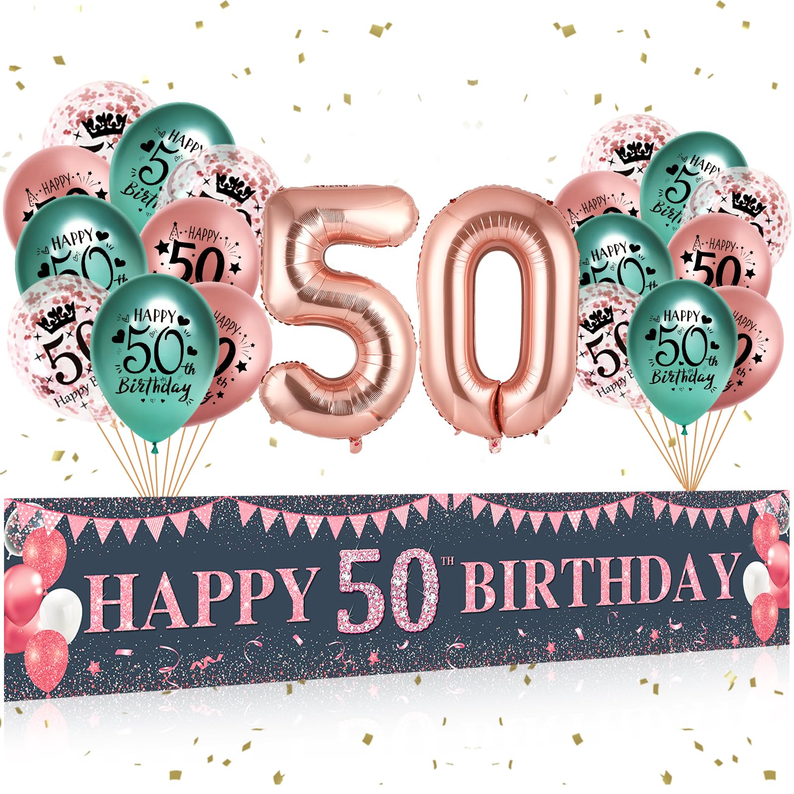 Rose Gold 50th Birthday Party Decorations for Women 50th Birthday Banner and 18pcs 50th Birthday Balloons for Women 50th Happy Birthday Banner for Anniversary Birthday Party Supply Garden Yard Decor