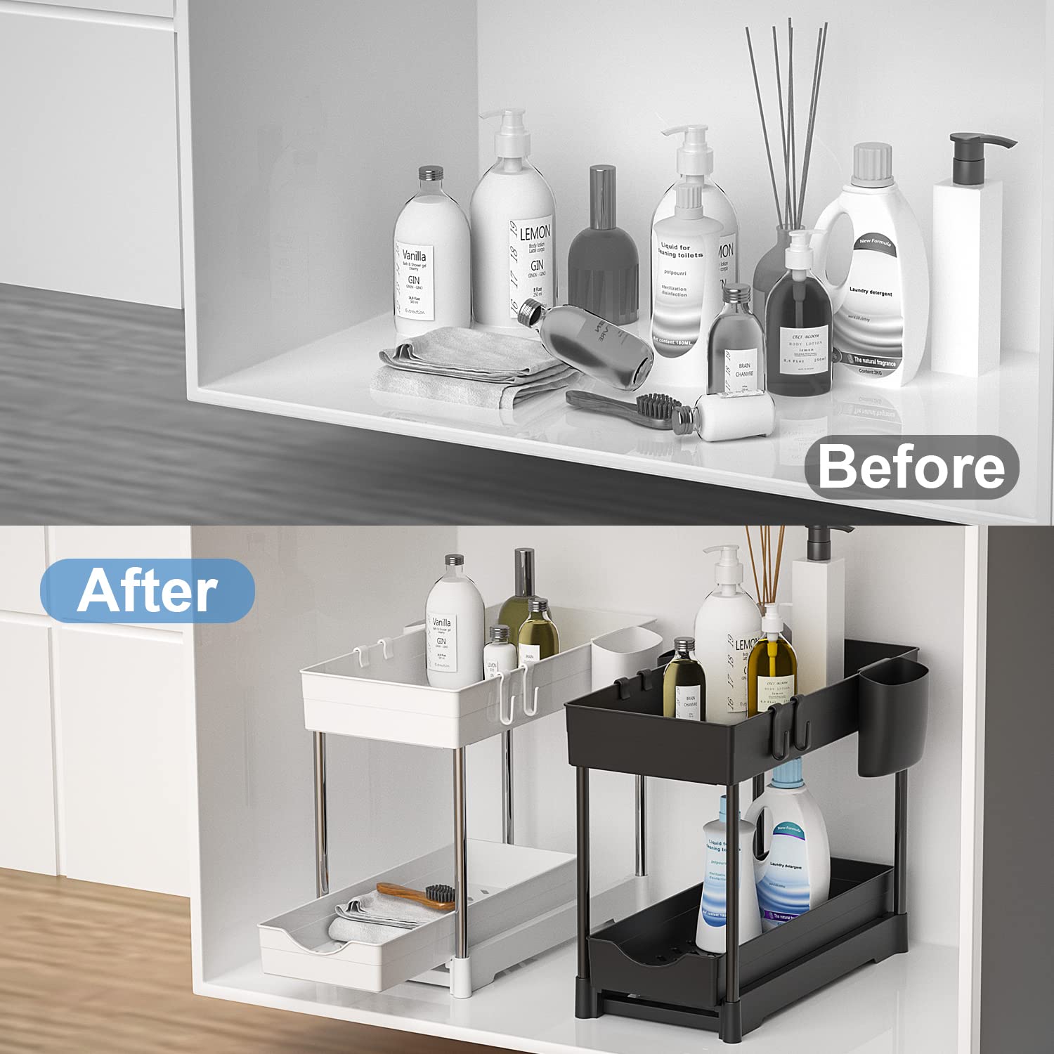 MFTEK 2 Pack Under Sink Organizers and Storage with Pull Out Drawer, 2-Tier Under Cabinet Organizer Sliding Baskets Shelf Holder for Bathroom Kitchen, Black & White