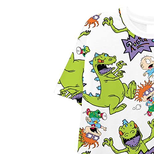 Nickelodeon Mens Rugrats Reptar Shirt - Rugrats Reptar Chuckie Tommy Allover Print T-Shirt (White, Large)