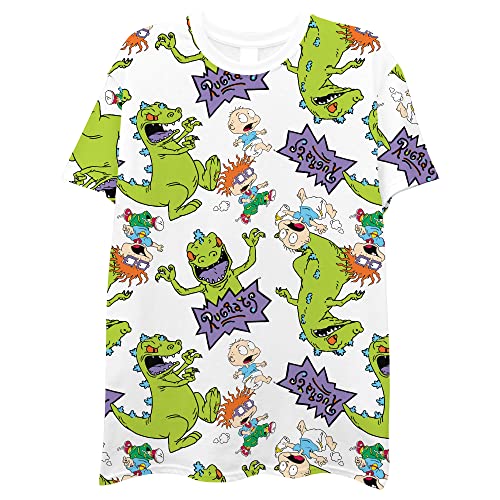 Nickelodeon Mens Rugrats Reptar Shirt - Rugrats Reptar Chuckie Tommy Allover Print T-Shirt (White, Large)