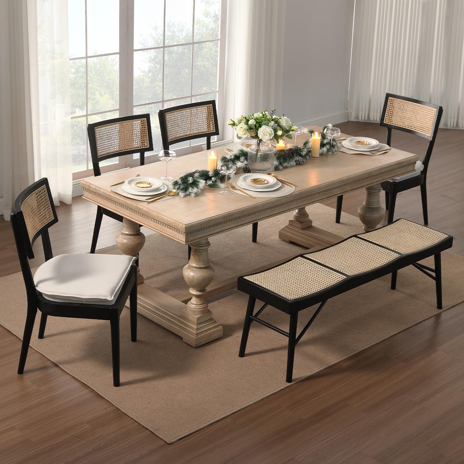 Guyou Black Rattan Dining Chairs Set of 4, Linen Upholstered Farmhouse Dining Chairs with Cane Back, Wood Kitchen Dining Chairs with Removable Cushion, Armless Cane Dining Chair for Dinner Living Room