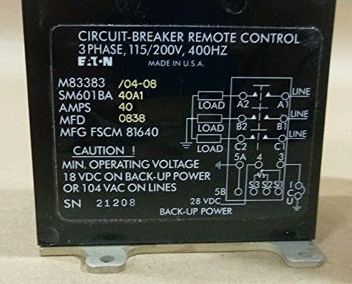 Eaton Remote Control Circuit Breaker SM601BA40A1 M83383/04-08, 5925-01-110-1785