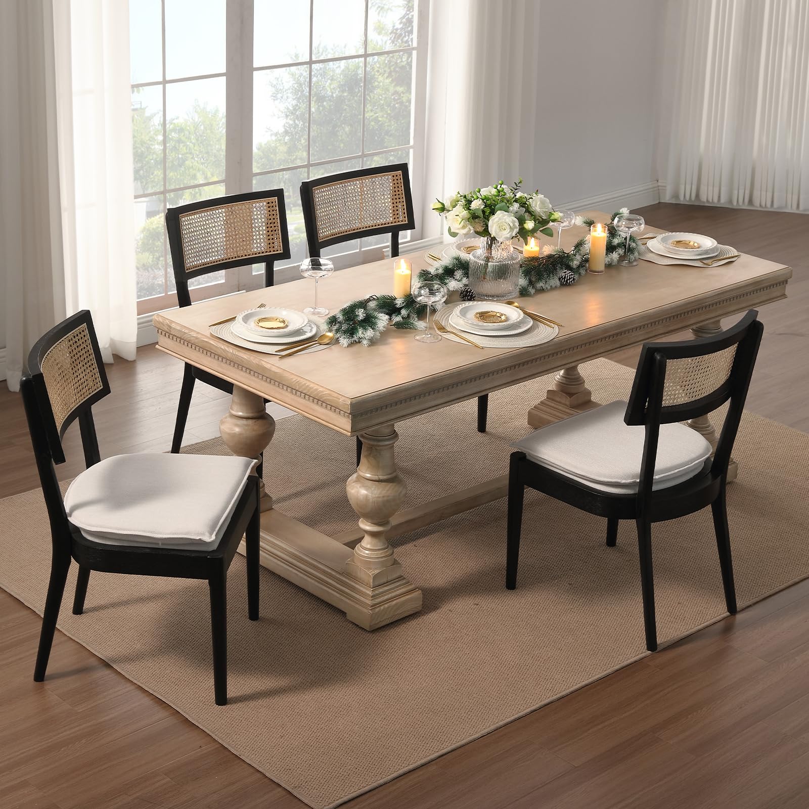 Guyou Black Rattan Dining Chairs Set of 4, Linen Upholstered Farmhouse Dining Chairs with Cane Back, Wood Kitchen Dining Chairs with Removable Cushion, Armless Cane Dining Chair for Dinner Living Room