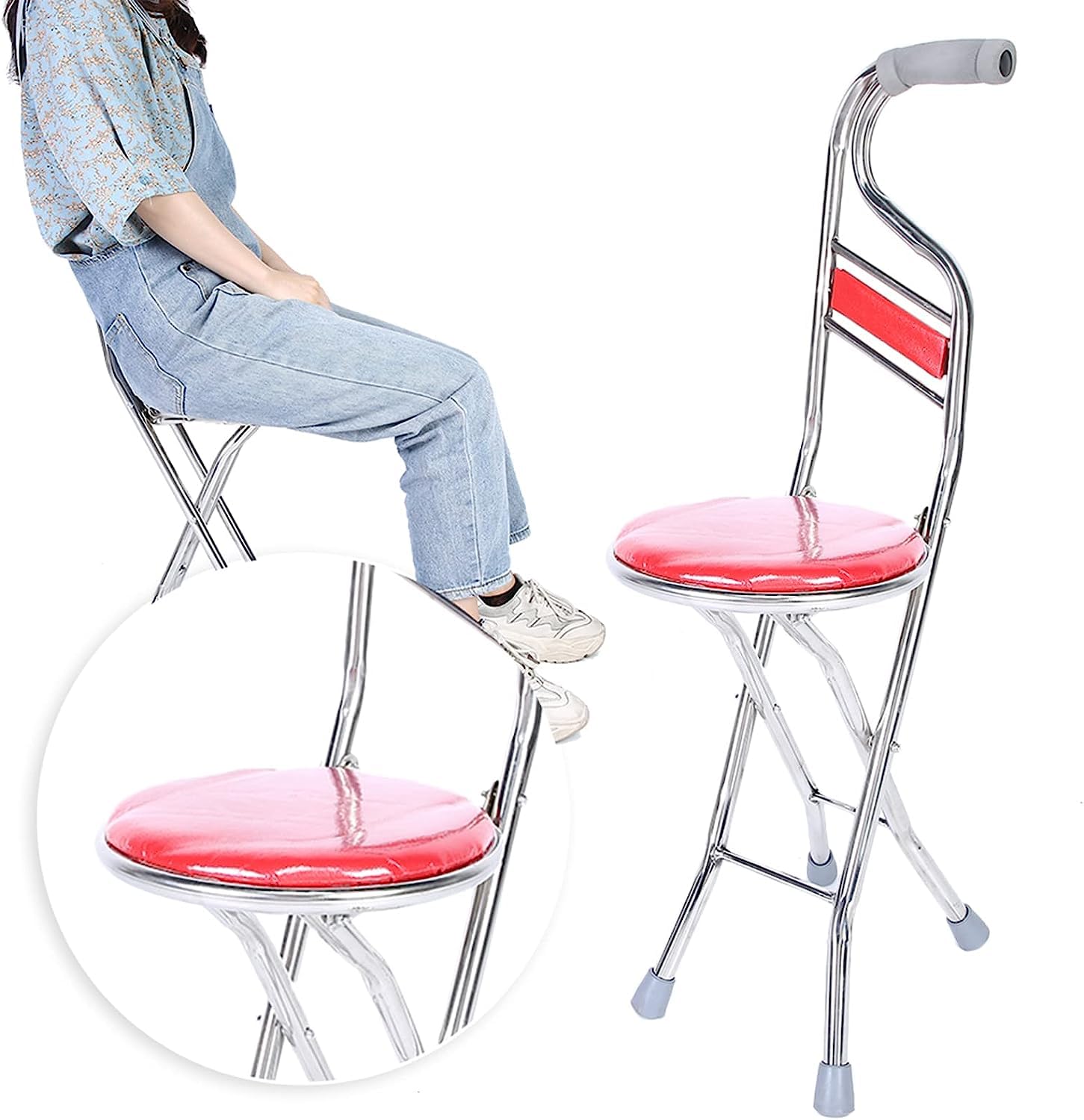 Walking Stick Chair Combo,Massage Seat Board & Ergonomic Handle, Adjustable Anti-Skid Walking Stick for Arthritis Disabled and Elderly