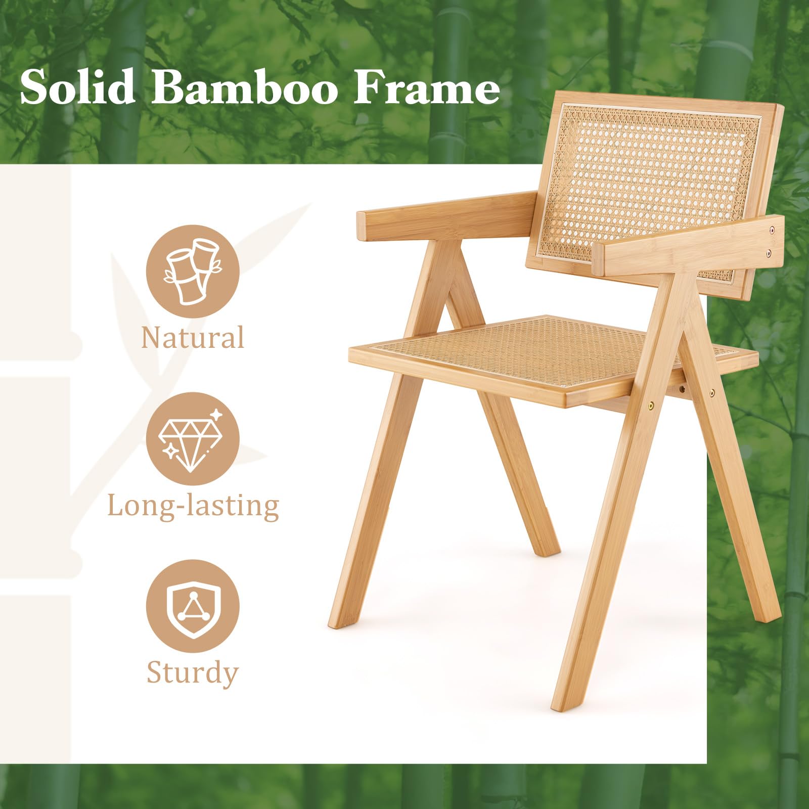 Giantex Boho Cane Dining Chairs Set of 2, Max Load 330 Lbs, Wooden Dining Chairs, Bamboo Accent Armchair for Living Room, Dining Room, Natural