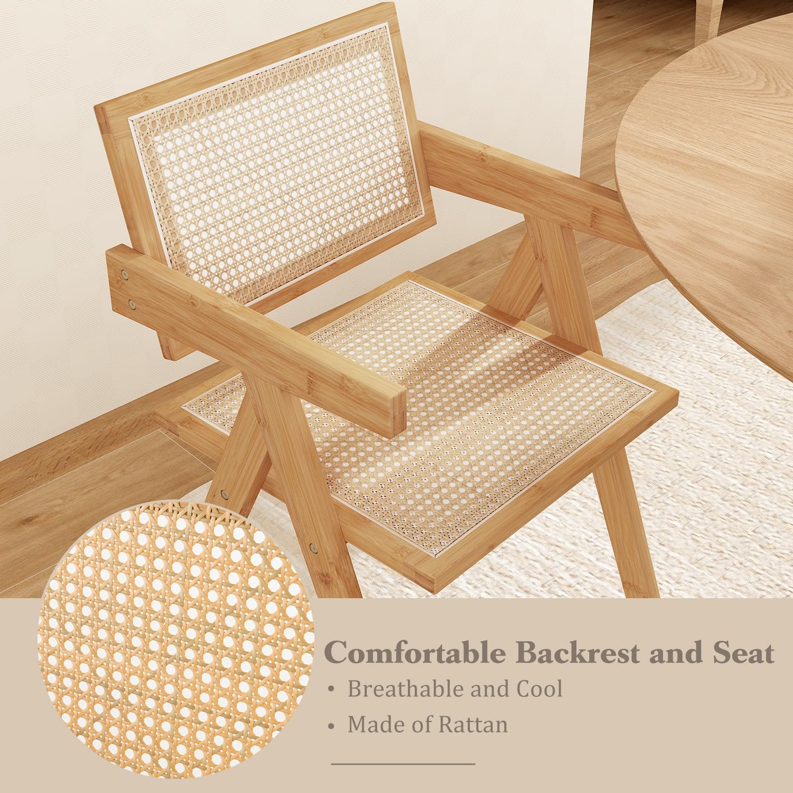 Giantex Boho Cane Dining Chairs Set of 2, Max Load 330 Lbs, Wooden Dining Chairs, Bamboo Accent Armchair for Living Room, Dining Room, Natural