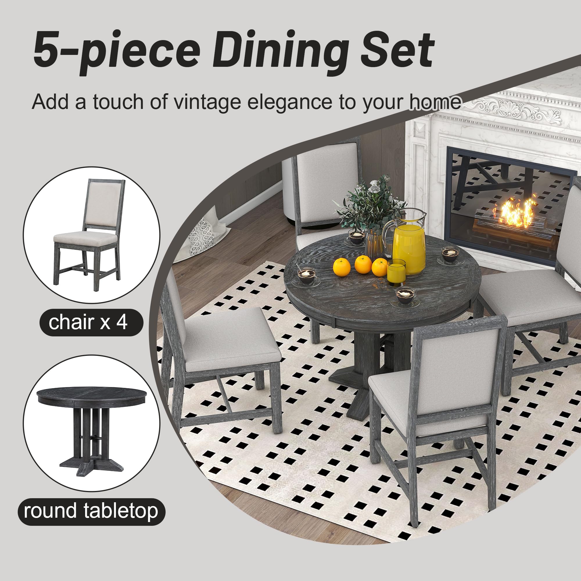 KLMM Classic Wood 5-Piece Dining Set with Extendable Round Table and 4 Upholstered Chairs,for Kitchen Dining Room (Black@Leaf/)