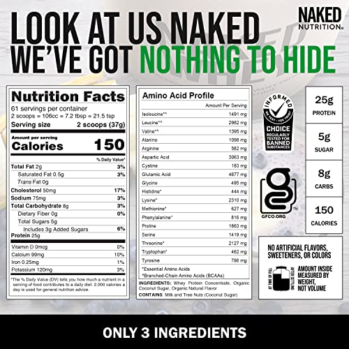 Naked Whey Vanilla Protein β All Natural Grass Fed Whey Protein Powder + Vanilla + Coconut Sugar- 5lb Bulk, GMO-Free, Soy Free, Gluten Free. Aid Muscle Recovery - 61 Servings