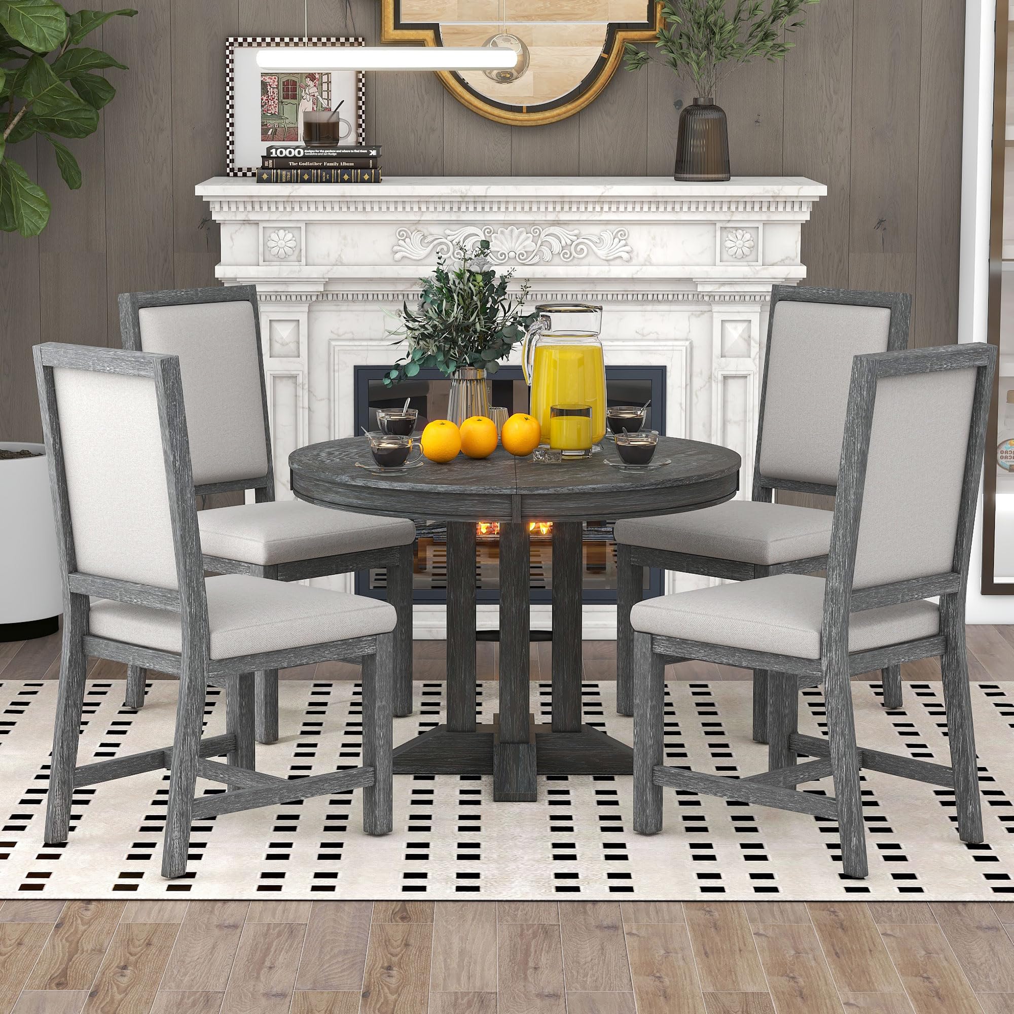 KLMM Classic Wood 5-Piece Dining Set with Extendable Round Table and 4 Upholstered Chairs,for Kitchen Dining Room (Black@Leaf/)