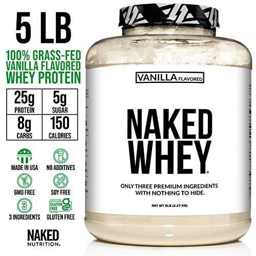 Naked Whey Vanilla Protein β All Natural Grass Fed Whey Protein Powder + Vanilla + Coconut Sugar- 5lb Bulk, GMO-Free, Soy Free, Gluten Free. Aid Muscle Recovery - 61 Servings