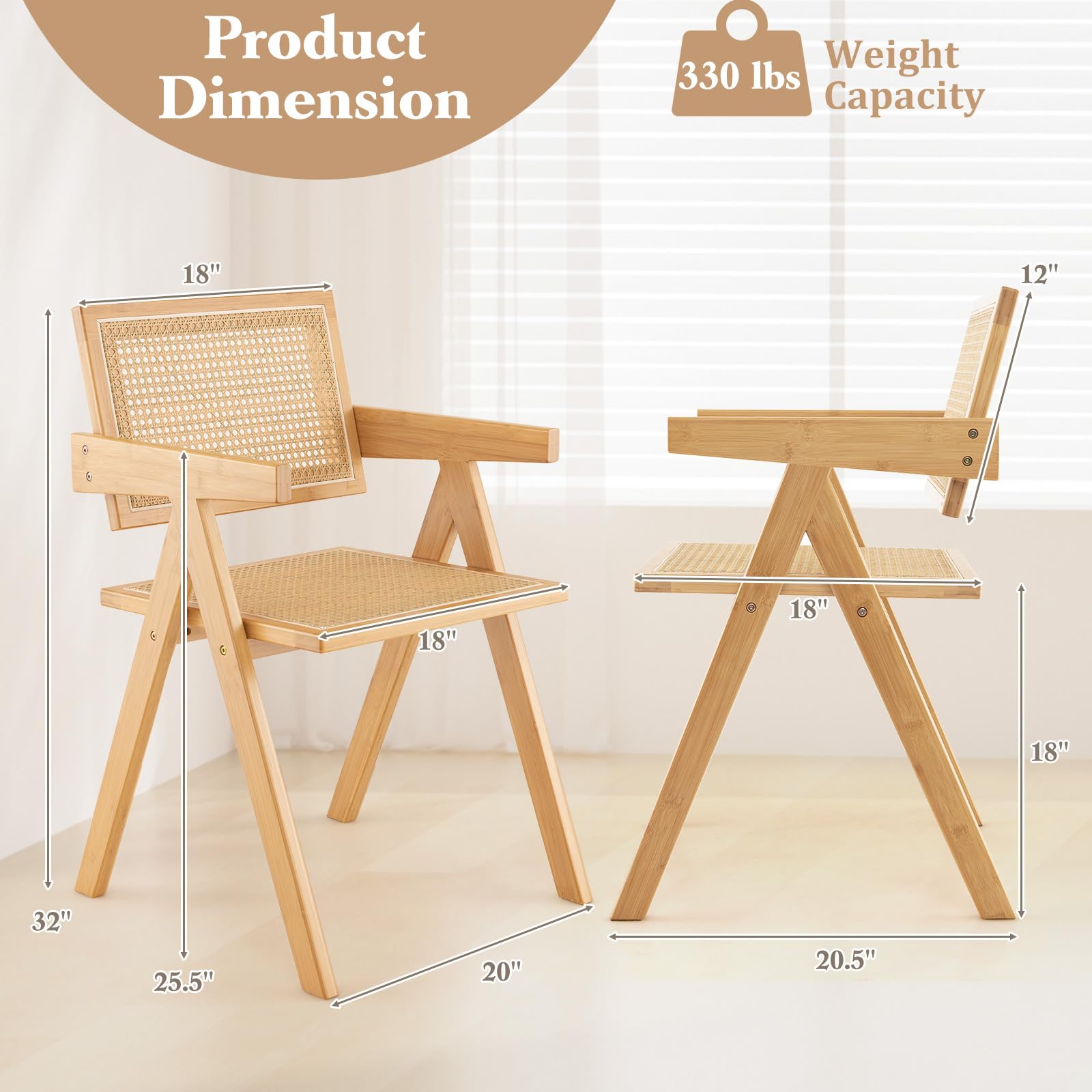 Giantex Boho Cane Dining Chairs Set of 2, Max Load 330 Lbs, Wooden Dining Chairs, Bamboo Accent Armchair for Living Room, Dining Room, Natural