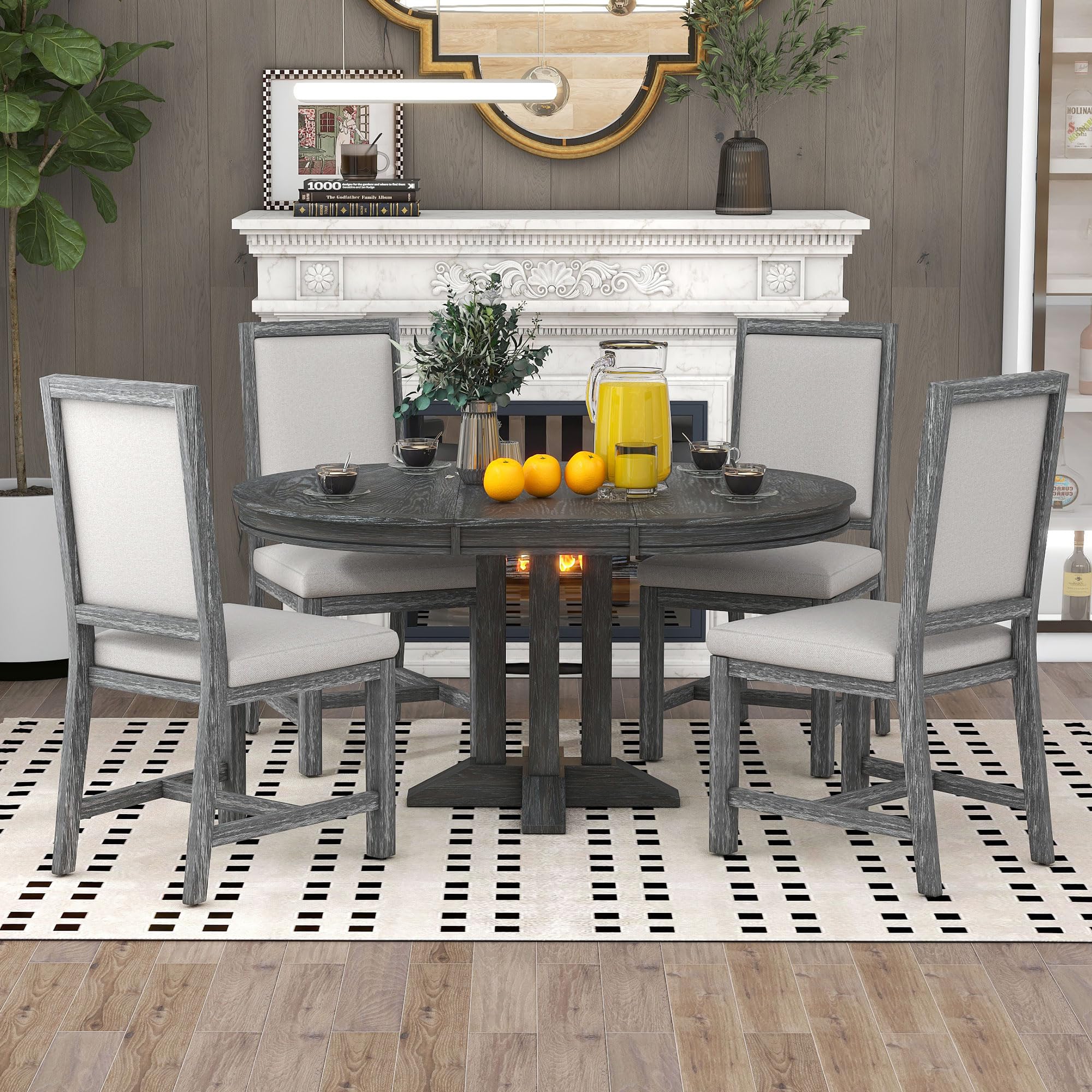 KLMM Classic Wood 5-Piece Dining Set with Extendable Round Table and 4 Upholstered Chairs,for Kitchen Dining Room (Black@Leaf/)
