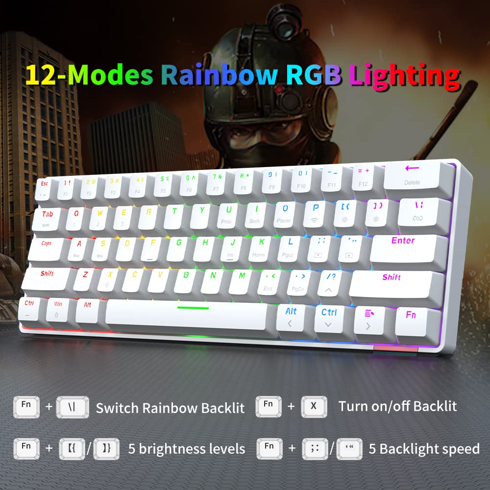 NACODEX STK61 2.4Ghz Wireless/Bluetooth/Wired 60% Mechanical Keyboard | 1000mAh Ultra Compact Rainbow Backlit Gaming Keyboard Wired Programmable for Win/Mac/PC Gamer