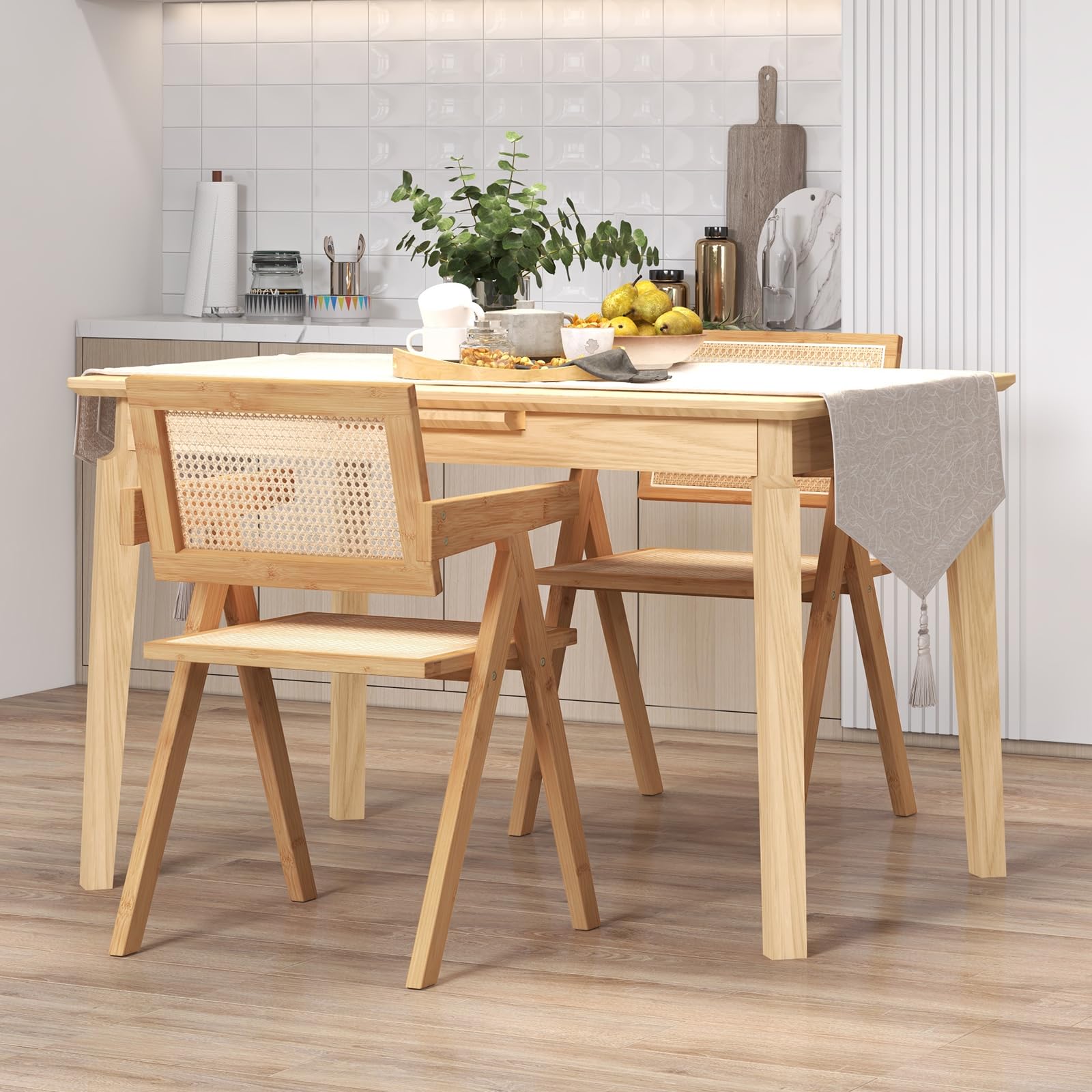 Giantex Boho Cane Dining Chairs Set of 2, Max Load 330 Lbs, Wooden Dining Chairs, Bamboo Accent Armchair for Living Room, Dining Room, Natural