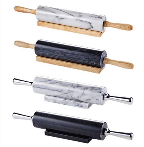 JEmarble Rolling Pin-Wooden Handles(White)(Premium Quality)Polished Surface 18-inch(10"Barrel) Genuine Stone Non-stick Save Effort Easy to Clean