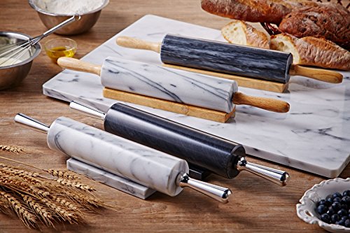 JEmarble Rolling Pin-Wooden Handles(White)(Premium Quality)Polished Surface 18-inch(10"Barrel) Genuine Stone Non-stick Save Effort Easy to Clean