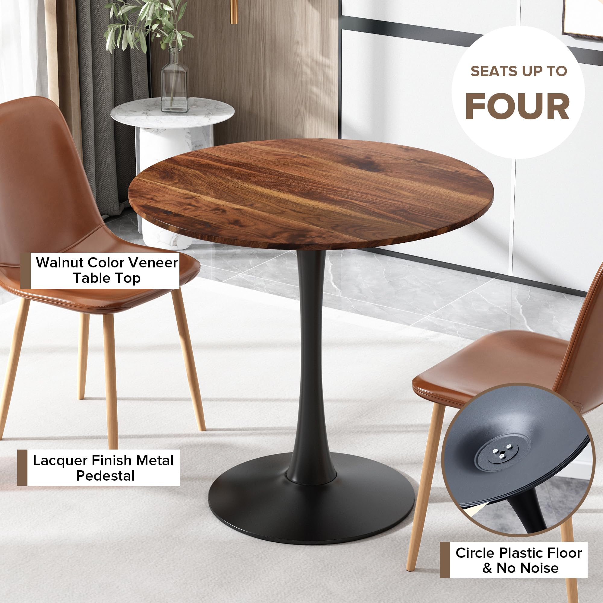 Ufurpie Round Dining Table for 2-4 People, 31.5" Kitchen Dining Table with Walnut Tabletop and Pedestal Base, Mid-Century Tulip Table for Small Space Home Office Living Room Kitchen Leisure, Walnut