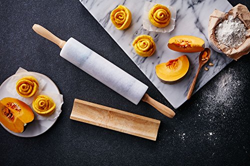 JEmarble Rolling Pin-Wooden Handles(White)(Premium Quality)Polished Surface 18-inch(10"Barrel) Genuine Stone Non-stick Save Effort Easy to Clean