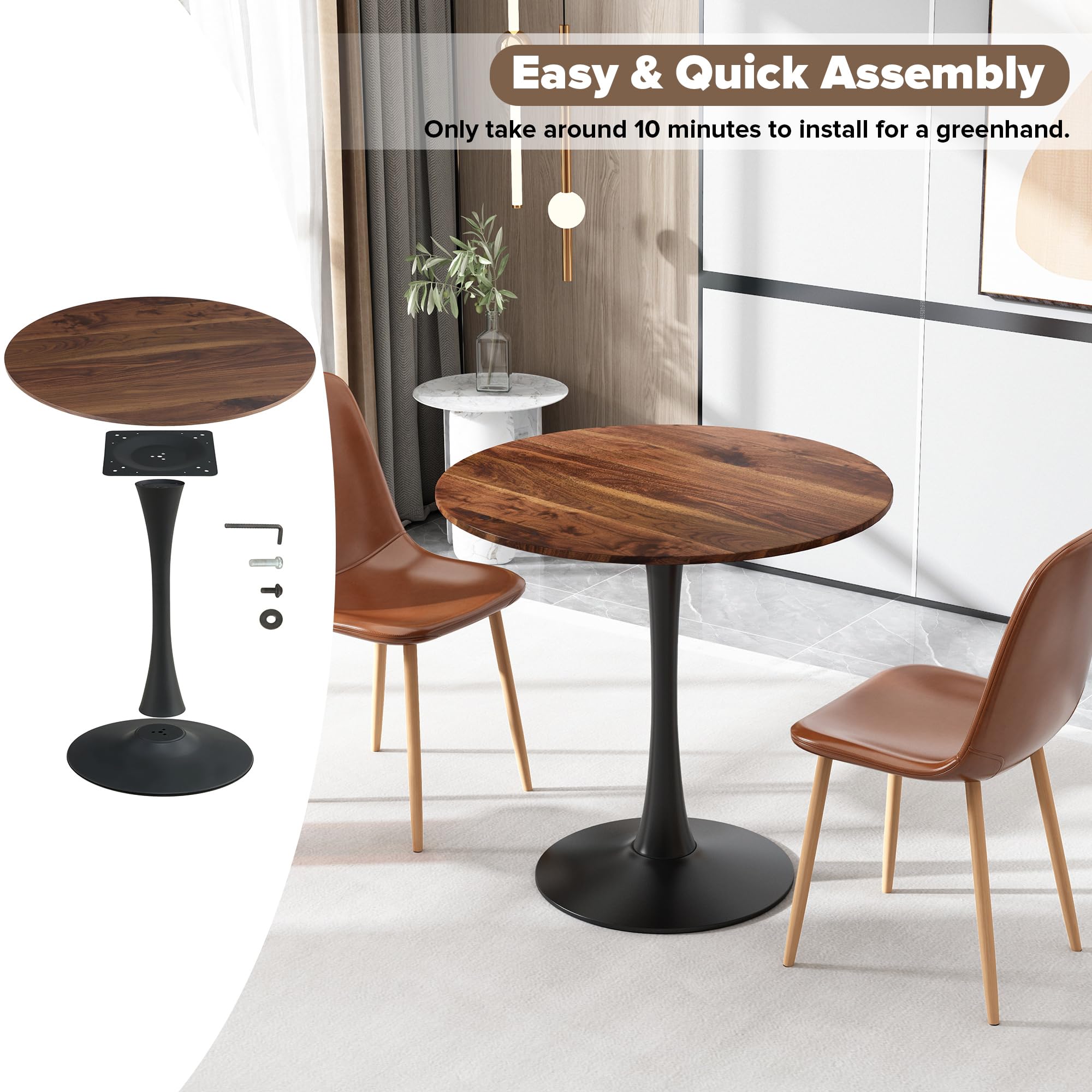 Ufurpie Round Dining Table for 2-4 People, 31.5" Kitchen Dining Table with Walnut Tabletop and Pedestal Base, Mid-Century Tulip Table for Small Space Home Office Living Room Kitchen Leisure, Walnut