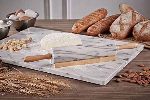 JEmarble Rolling Pin-Wooden Handles(White)(Premium Quality)Polished Surface 18-inch(10"Barrel) Genuine Stone Non-stick Save Effort Easy to Clean