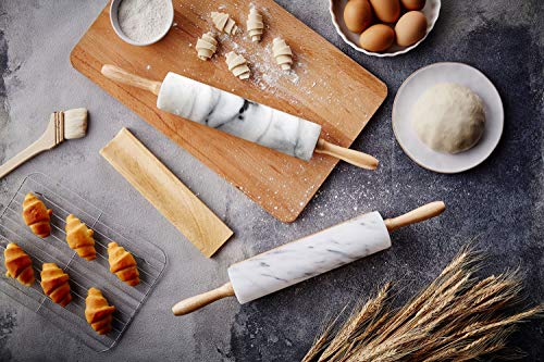 JEmarble Rolling Pin-Wooden Handles(White)(Premium Quality)Polished Surface 18-inch(10"Barrel) Genuine Stone Non-stick Save Effort Easy to Clean