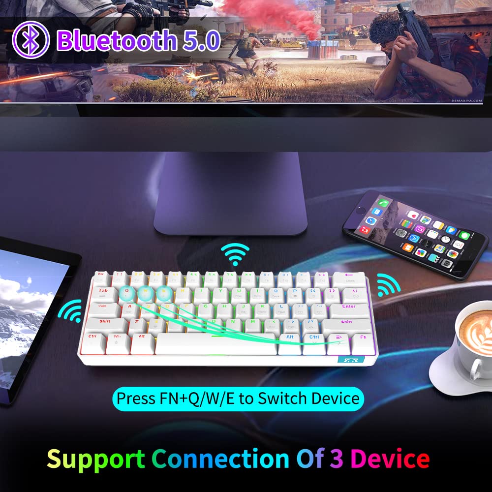 NACODEX STK61 2.4Ghz Wireless/Bluetooth/Wired 60% Mechanical Keyboard | 1000mAh Ultra Compact Rainbow Backlit Gaming Keyboard Wired Programmable for Win/Mac/PC Gamer
