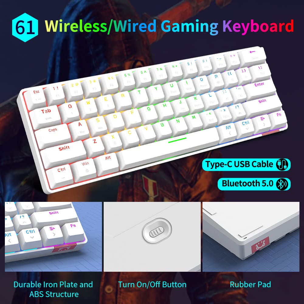 NACODEX STK61 2.4Ghz Wireless/Bluetooth/Wired 60% Mechanical Keyboard | 1000mAh Ultra Compact Rainbow Backlit Gaming Keyboard Wired Programmable for Win/Mac/PC Gamer