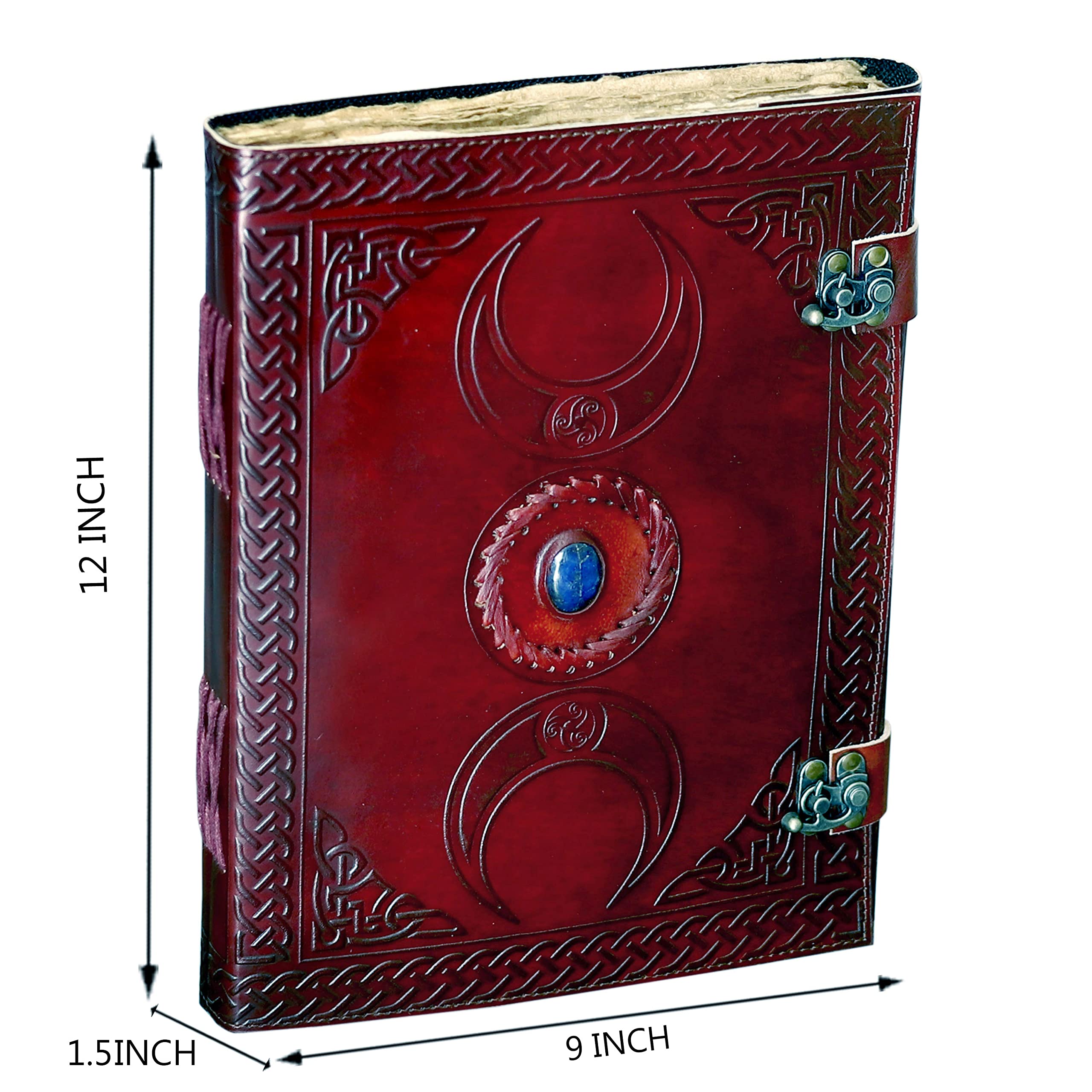 cuero 3 Moon Blue Lapiz Embossed Vintage Leather Journal | 240 Pages of Antique Handmade Deckle Edge Vintage Paper, Leather Sketchbook, Drawing Journal, Great Gift (9 inch 12 inch, brown)