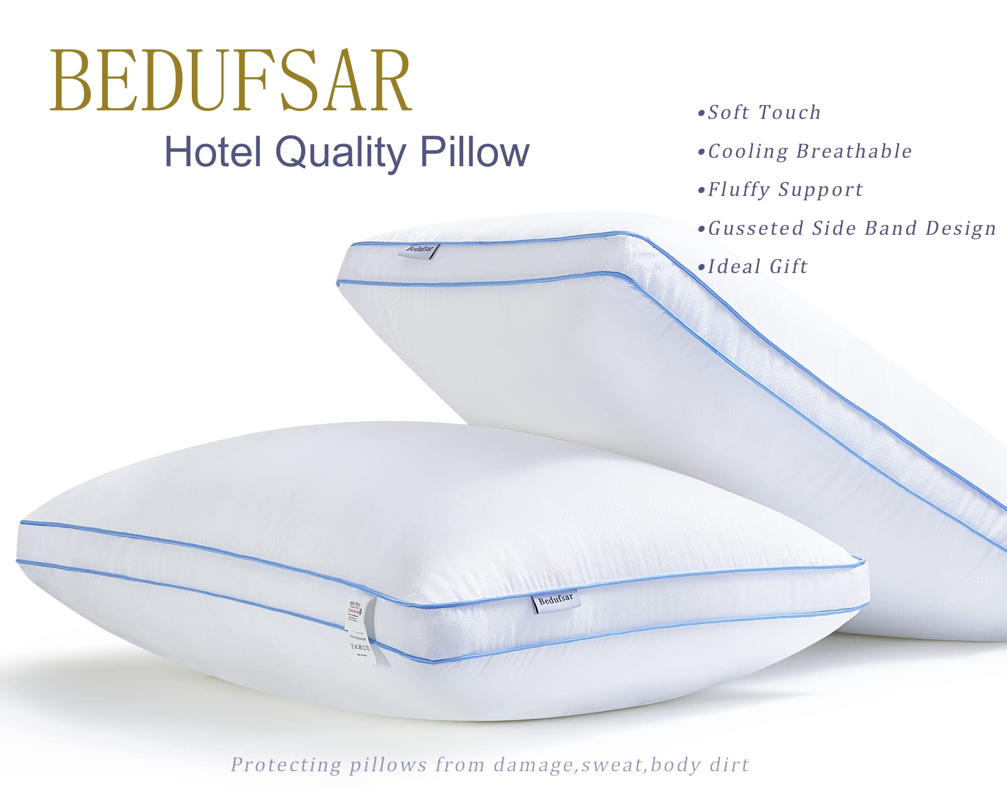 Bedufsar Bed Pillows for Sleeping, King Size Pillows Hotel Quality Set of 2, Firm and Supportive Gusseted Pillows for Side and Back Sleepers, Cooling Down Alternative Fluffy and Soft Pillow (20x34 in)